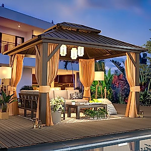 EROMMY 10' x 12' Gazebo, Galvanized Steel Double Roof Hardtop Gazebo with Aluminum Frame, Permanent Outdoor Metal Pavilion with Curtain and Netting for Patio, Lawn and Garden