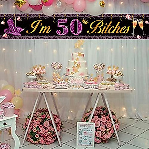 MEFENG Large I’m 50 Bitches Purple Gold Birthday Banner, Purple Gold Banner,50 Years Old Birthday Photo Booth Backdrop Supplies Happy Fifty Yard Sign Party Supplies