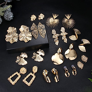 BESTEEL Gold Statement Earrings for Women Boho Large Gold Plated Drop Dangle Geometric Exaggerated Earrings Set Hypoallergenic Punk Stylish Sectored Twisted Flower Ginkgo Leaf Earrings Jewelry Multipack Gift 12 Pairs