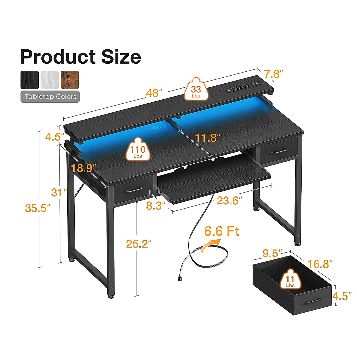 ODK Gaming Desk with Led Lights and Power Outlet, 48 Inch Computer Desk with Drawers and Keyboard Tray, PC Desk with Monitor Stand, Work Desk for Home Office, Black