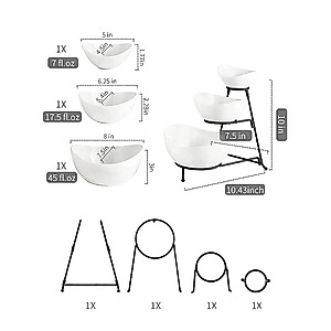 3 Tier Serving Stand Tiered Oval Bowl Stand with 3 Oval Porcelain Serving Bowl Set with Collapsible Thicker Sturdier Metal Rack (Black)