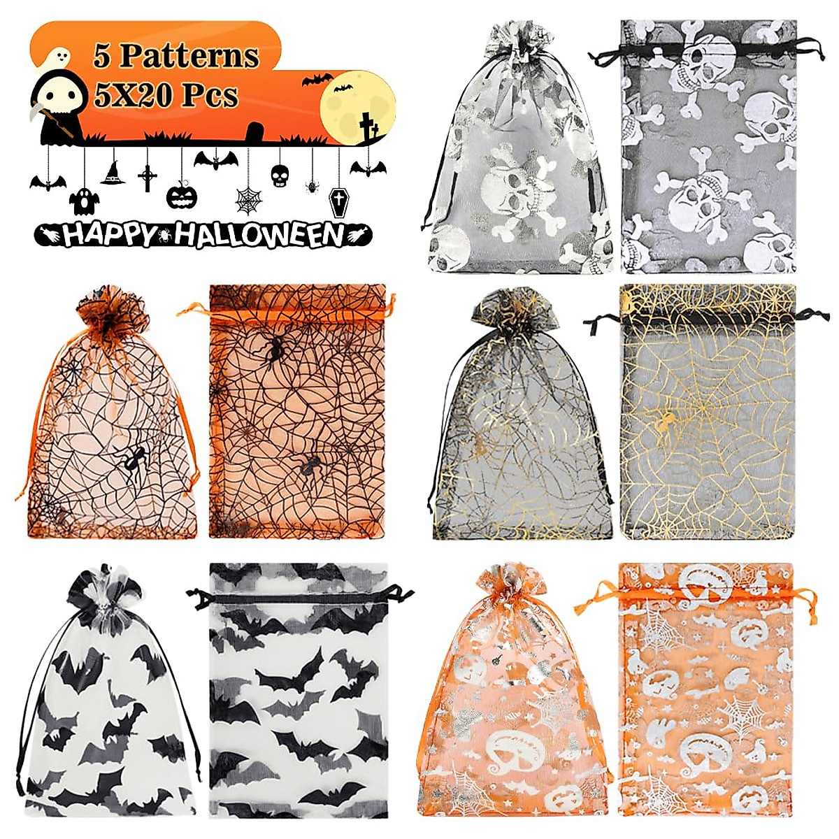 JOINDO 100 pcs Halloween Treat Bags for Candy, 4x6 Drawstring Organza Goodie Bags, Small Gift Bags for Party Favor (Pumpkin, Spider web, Skull, Bat)