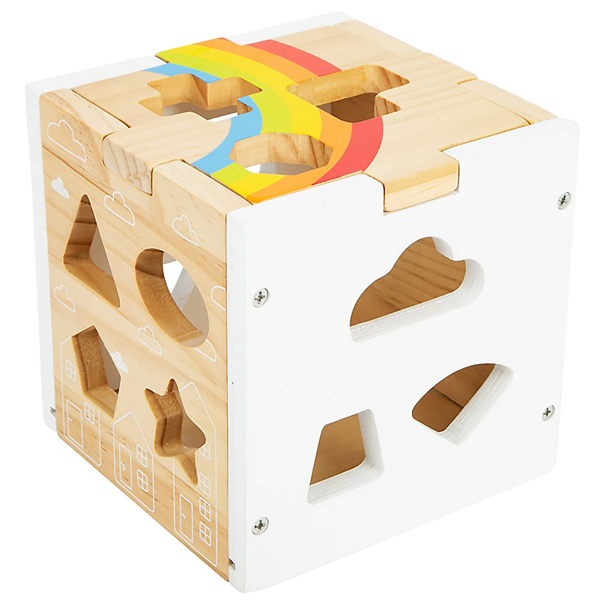 Wooden Rainbow Shape Sorter Cube – Sorting Toy with 13 Geometric Shapes & Removable Lid – Educational Game for Dexterity & Fine Motor Skills – Teaches Counting, Shapes and Colors – Ages 12+ Months
