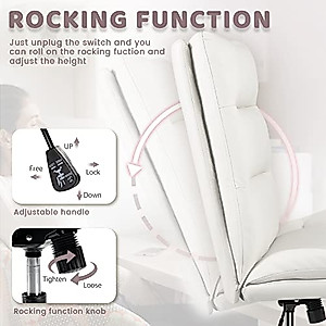 LEMBERI PU-Padded Armless Office Desk Chair No Wheels,High-Back Wide Seat Home Chair,120° Rocking Cross Legged Computer Task Chairs,Modern Adjustable Swivel Vanity Chairs (White)