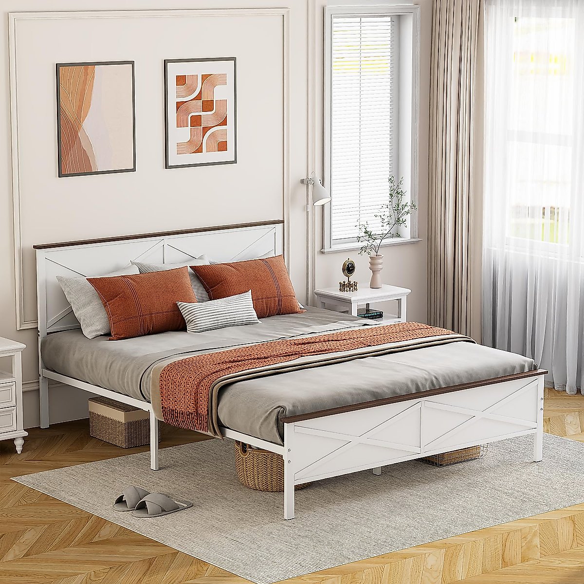 VOPEAK Farmhouse Queen Bed Frame with Headboard and Footboard, Bed Frame Queen Size Metal Platform with Under Bed Storage, Noise Free, No Box Spring Needed, Easy to Install, Sturdy & Stable, White