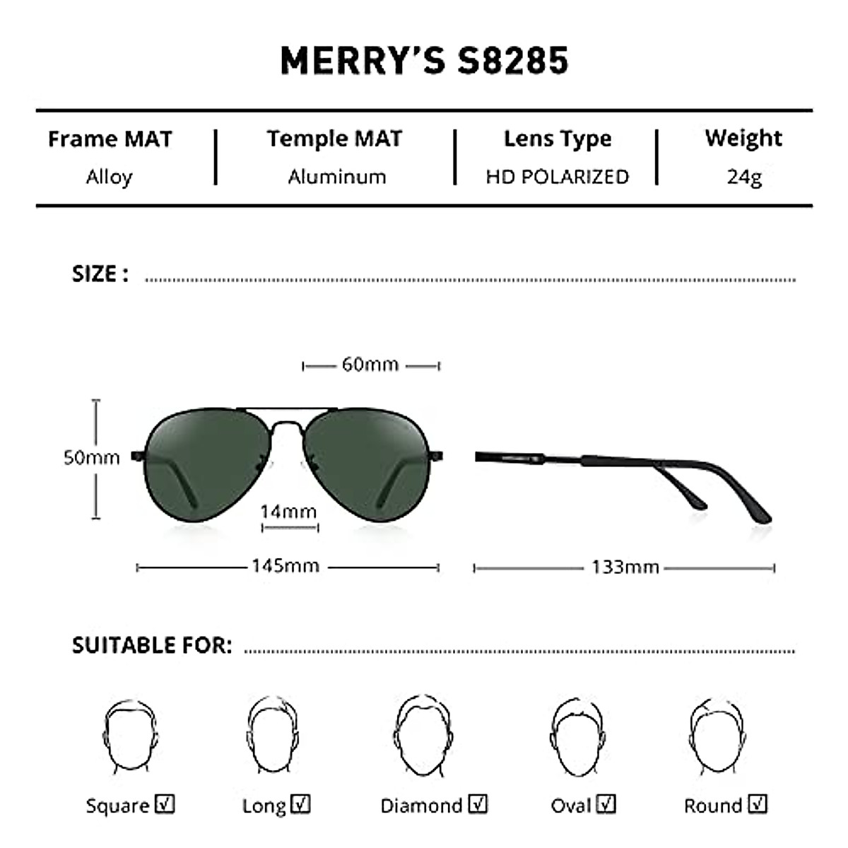 MERRY'S Men HD Polarized Sunglasses Aluminum Magnesium Driving Sun Glasses S8285 (Black Frame/G15 Lens/Black Temples, 60)