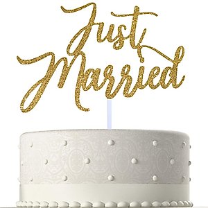 Just Married Cake Topper - Little Backyard Wedding & Bridal Shower/Engagement Party Decoration, Gold Glitter Paper