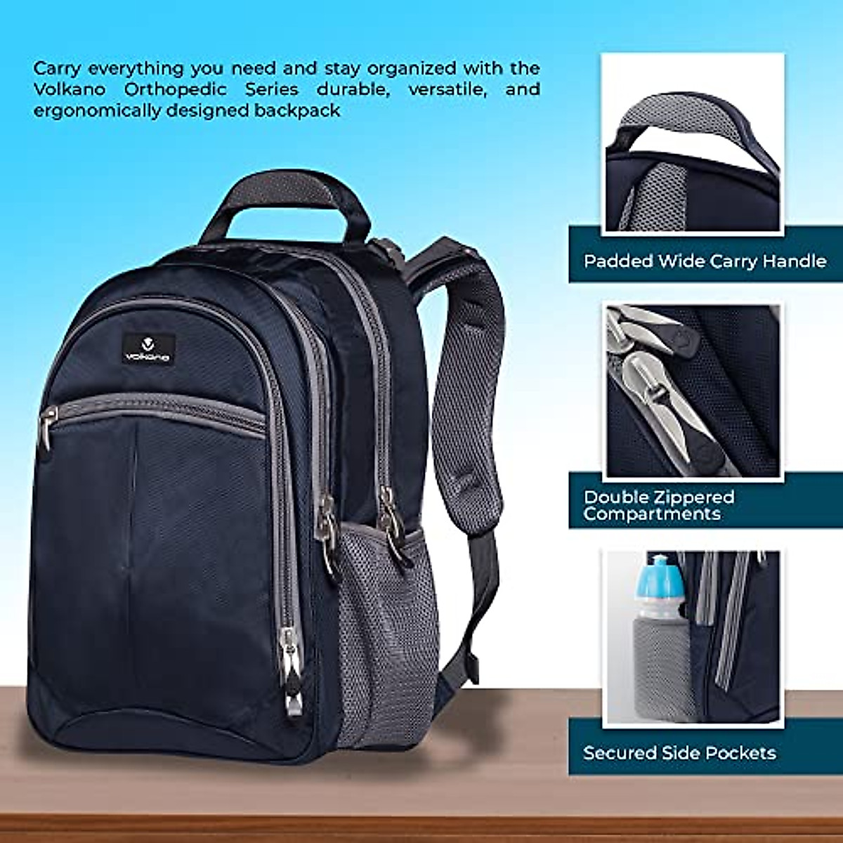 Volkano Orthopedic Series Airflow Ventilation Laptop Backpack with Padded Back, Ergonomic Backpack With Laptop Compartment 15.6" Sleeve, Sturdy Travel Backpack, for Work or School, Navy/Gray