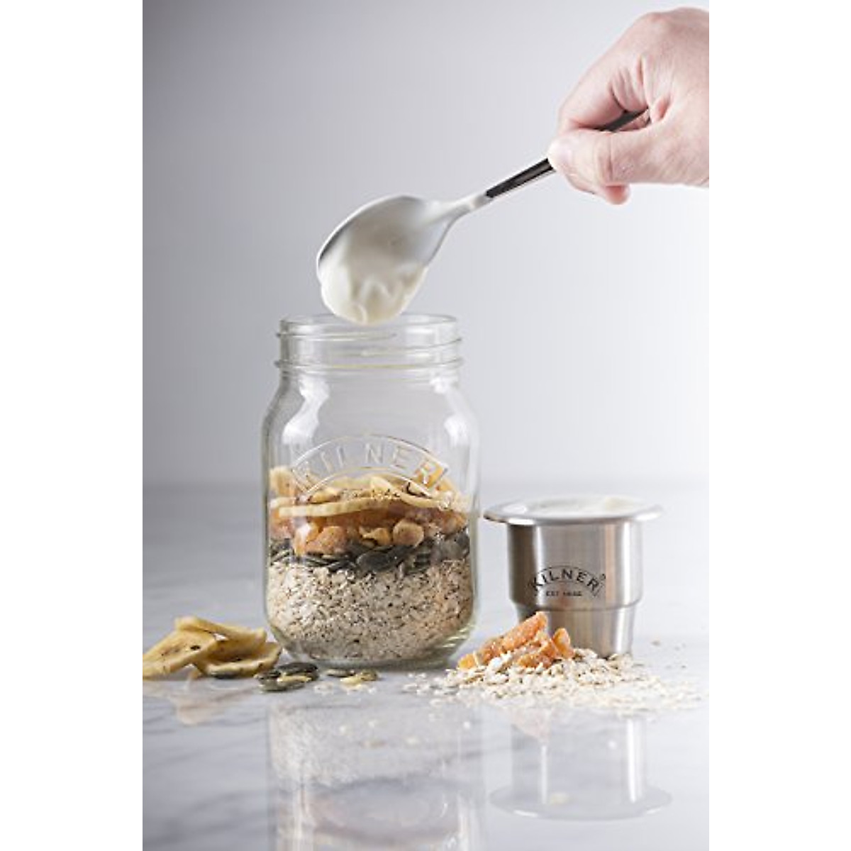 Kilner Snack On The Go Glass Jar Set Stainless Steel Cup Keeps Dry Ingredients Separate from Wet Foods, 17-Fluid Ounces, 0.5L