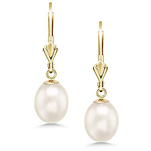 Gem Stone King 14K Yellow Gold 9MM Cultured Freshwater Pearl Dangle Earrings For Women