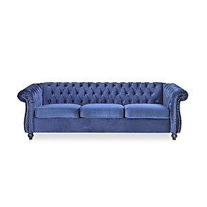 Page Tufted Chesterfield Velvet 3 Seater Sofa, Midnight Blue and Dark Brown
