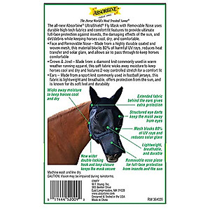 Absorbine UltraShield Equine Fly Mask, UV Protection, Horse Size with Ears & Removable Nose