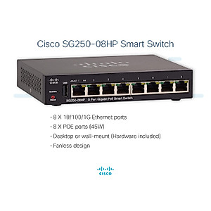 Cisco SG250-08HP Smart Switch | 8 Gigabit Ethernet (GbE) Ports | 45W PoE | Limited Lifetime Protection (SG250-08HP-K9-NA)