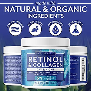EVR Beauty Powerful Retinol and Collagen Anti Aging Face Cream for Mature Skin - Natural Deep Wrinkle Cream with Hyaluronic Acid for Women and Men of all Skin Types - Use Day and Night - 4 ounce