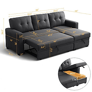 MACHOME 82 inch L-Shape Sofa Sectional Convertible Sleeper with Storage Chaise Corner Couch Pull Out Sleeperbed with Arms for Apartment, Dorm, Living Room, Dark Gray