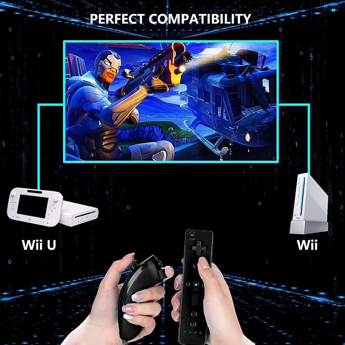 Wii Remote and Nunchuck Controller, Wireless Controllers Compatible with Wii/Wii U with Silicone Case and Wrist Strap (Black)