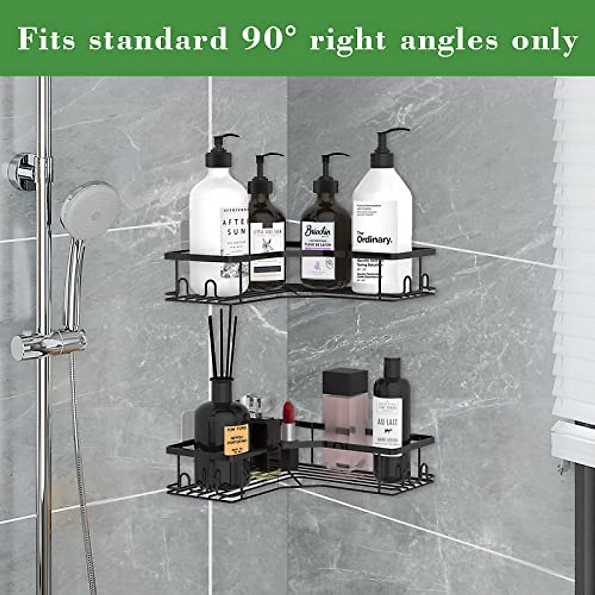 Upqiany Corner Shower Caddy Storage Rack - 2 Pack Stainless Steel Adhesive Bathroom Shelf, No Drilling Rustproof Wall Mounted Shampoo Holder Organizer Basket for 90-Degree Corner, Black