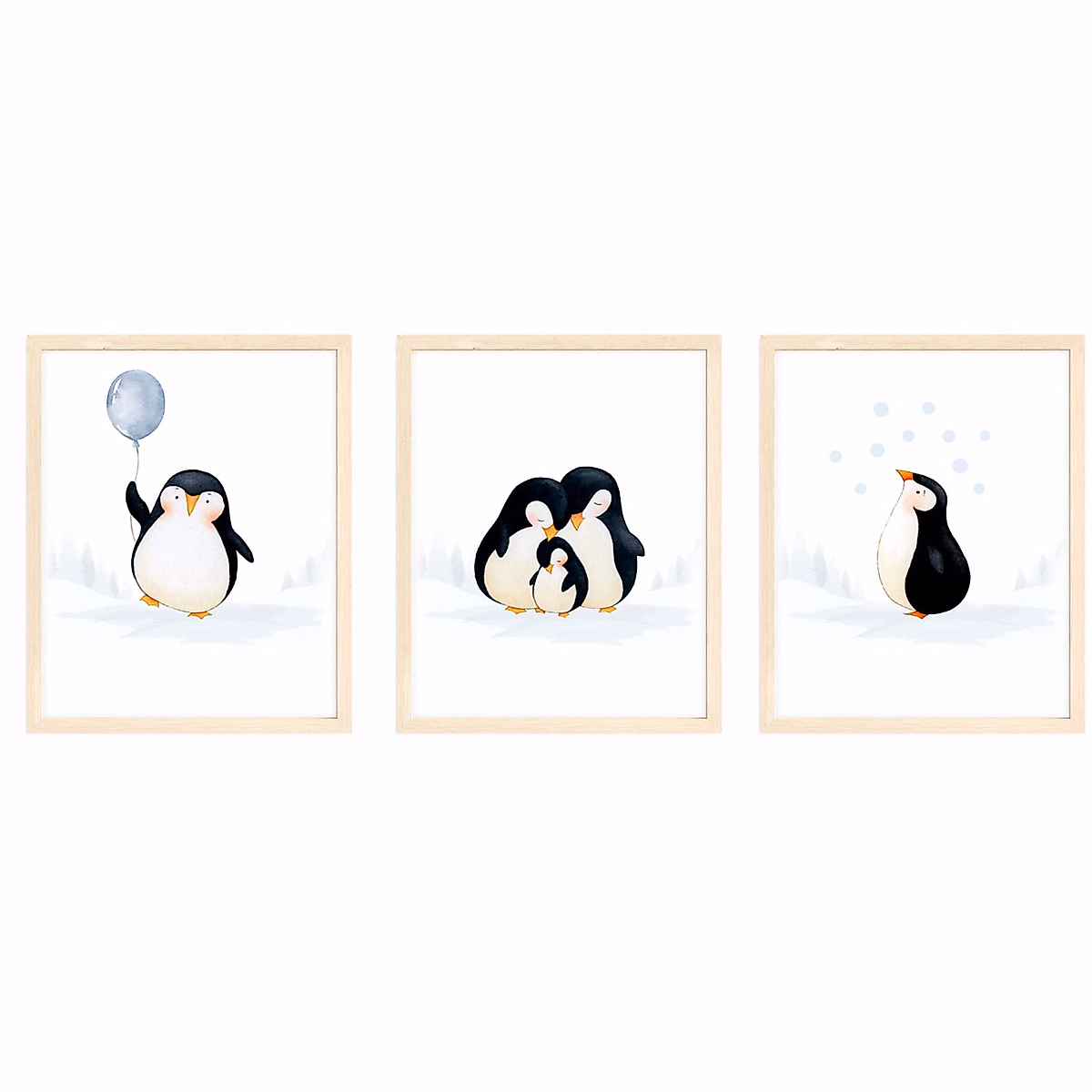 bumbleboo Baby Penguin Nursery Wall Prints, Play Room Decoration, Nursery Wall Art, Nursery Room Decor, Penguin Family Print Set, Unframed, Set of 3 Prints, 8x10 (Blue)