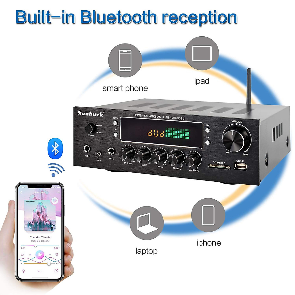 Wireless Bluetooth Home Audio Amplifier – 400W Dual Channel Home Theater Sound Compact Stereo Receiver System w/FM Radio, USB/SD, AUX, RCA, Mic in, Remote Control for Sweet Sound. (Sunbuck AS-90BU)