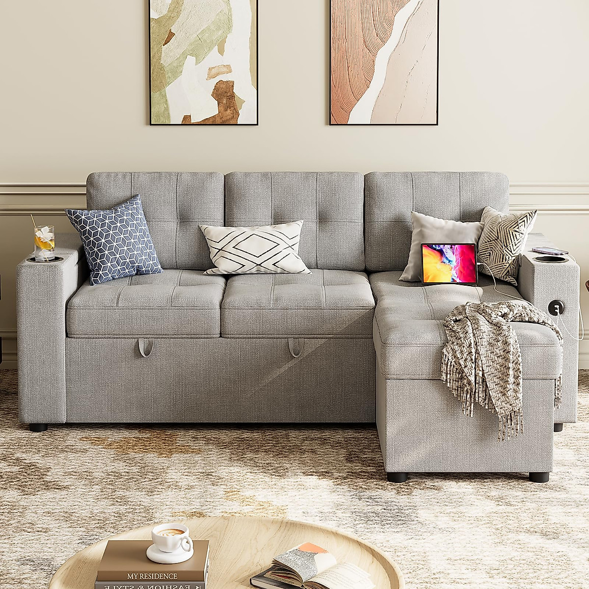 Sofa Bed- 2 in 1 Pull Out Couch Bed with Storage Space and Arms,Sleeper Sofa with Pull Out Bed,L-Shaped Sofa Couch Bed,1 USB-A, 1 Type-C,Pull Out Couch for Living Room ,Linen Sectional Sofa,Grey