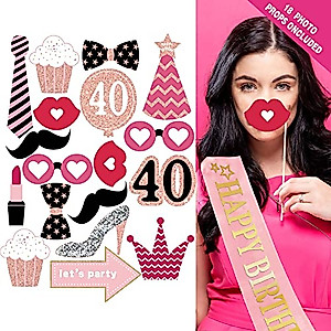 40th birthday decorations for women - (76pack) rose gold party Banner, Pennant, Hanging Swirl, birthday Balloons, Foil Backdrops, cupcake Topper, plates, Photo Props, Birthday Sash for gifts women
