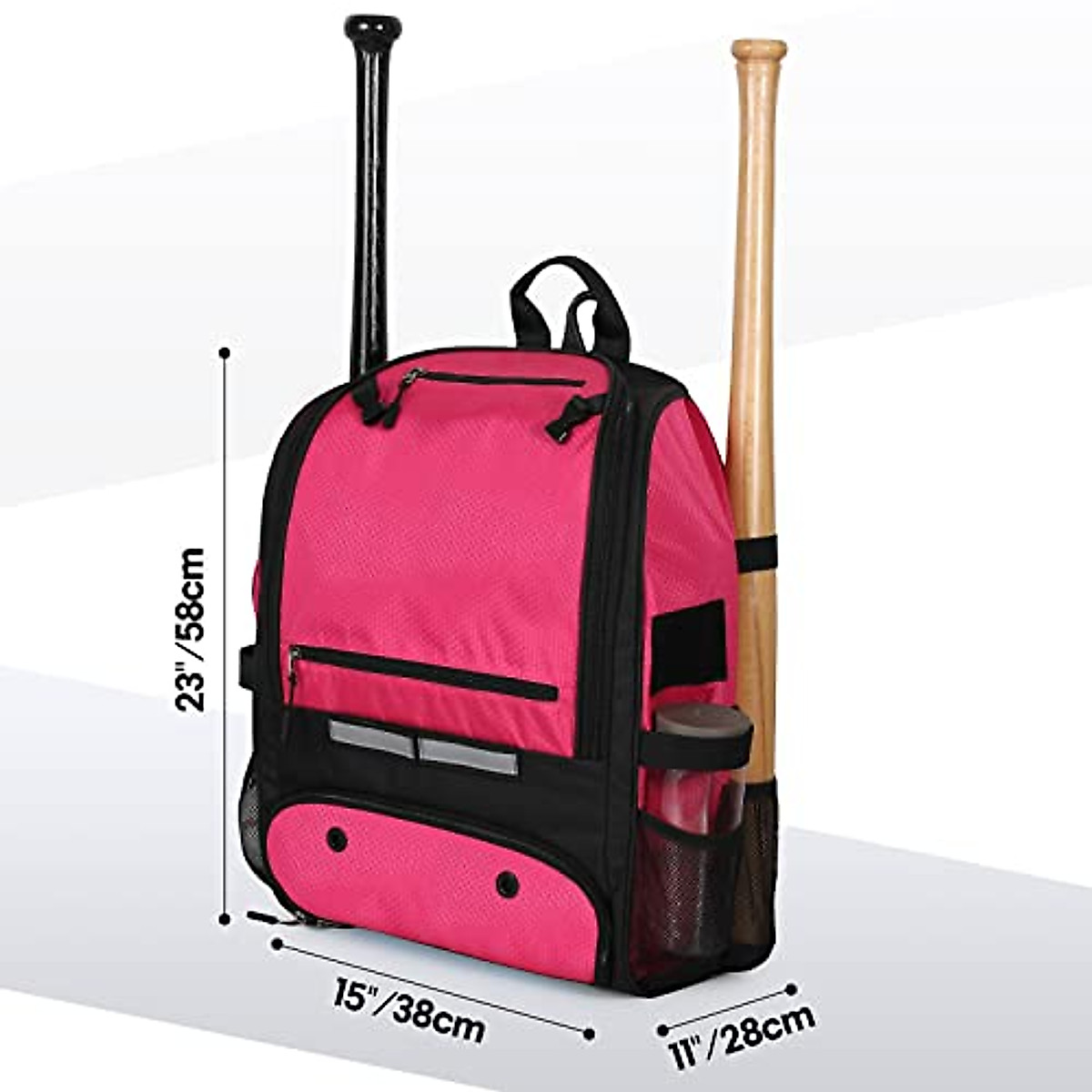 Baseball Softball Bag for Girls and Adults, Baseball Bag with Separate Shoe Compartment, Large Baseball Backpack, Softball Backpack with Fence Hook, Baseball Bat Bag with 4 Side Sleeves Pink