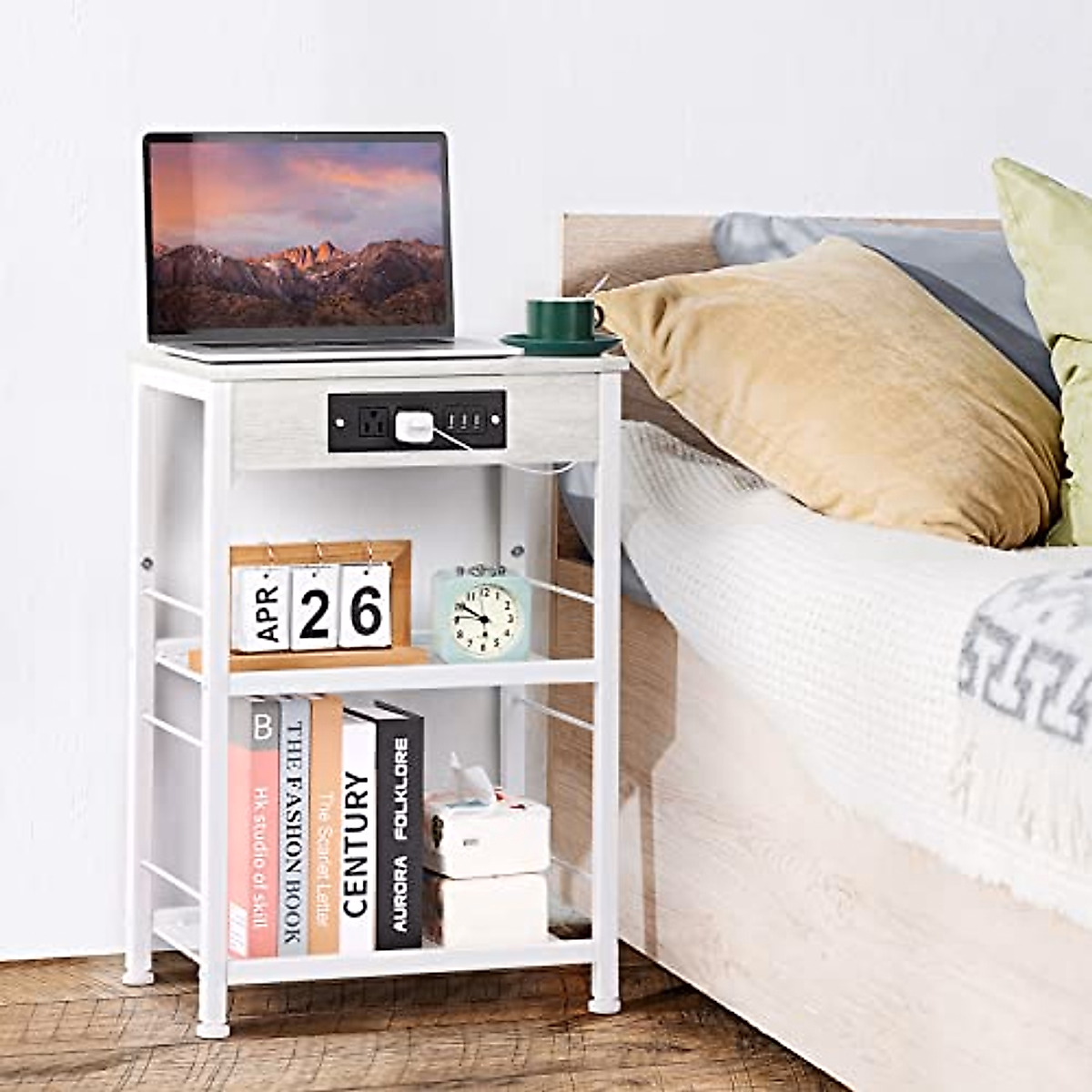 White Nightstand with Charging Station 3 Tier Small End Table with Storage Shelf Modern Farmhouse Bed Side Table with USB Ports and Outlets for Small Space Living Room Bedroom