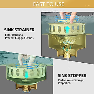 Gold Sink Drain Strainer 3-1/2 Inch Kitchen Sink Drain Assembly Kit with Stainless Steel Strainer Basket and Drain Stopper for Standard Kitchen Sink Brushed Gold