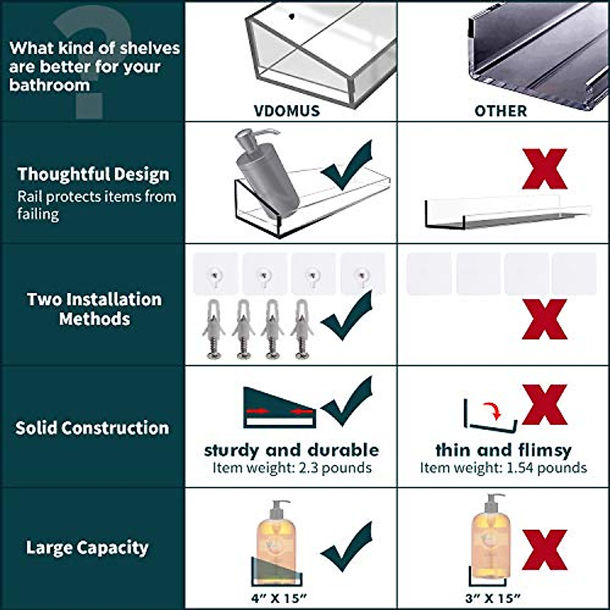 Vdomus Acrylic Bathroom Shelves, Wall Mounted no Drilling Thick Clear Storage & Display shelvings, 2 Pack (Original) and Tempered Glass Bathroom Shelf with Towel bar Wall Mounted Shower Storage