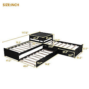 L Shaped Platform Bed with Trundle and Drawers Linked with Built-in Desk, Wooden Twin Bed Frame for 3 Kids Teens Adults, Espresso
