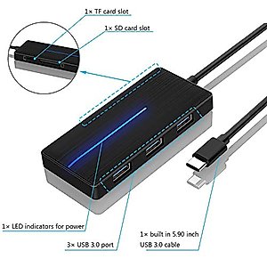 KOOTION 5-in-1 USB-C Hub with SD Card Reader USB C to USB 3.0 Hub, Ultra-Slim Type-C Hub USB 3.0 Adapter for SD Card/Micro SD Card with LED Light, 3 x USB 3.0 Port, Card Reader