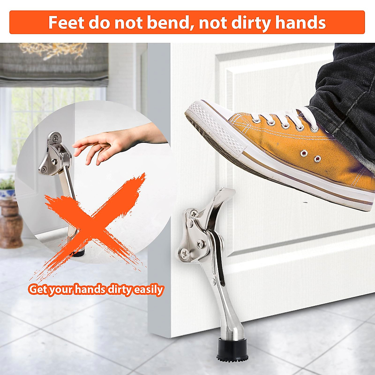 KOVOSCH 4 Inches Kickdown Door Stoppers Brushed Satin Nickel, Heavy Duty Door Stoppers for Bottom of Door, Door Stop with One Touch and Soft Rubber Tips, Zinc, 1 Pack