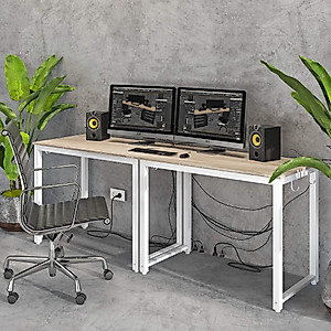 JSB Small Computer Office Desk 39" with Freely Move Monitor Stand and 4 Hooks, Study Writing Table PC Home Office Desk - Natural & White