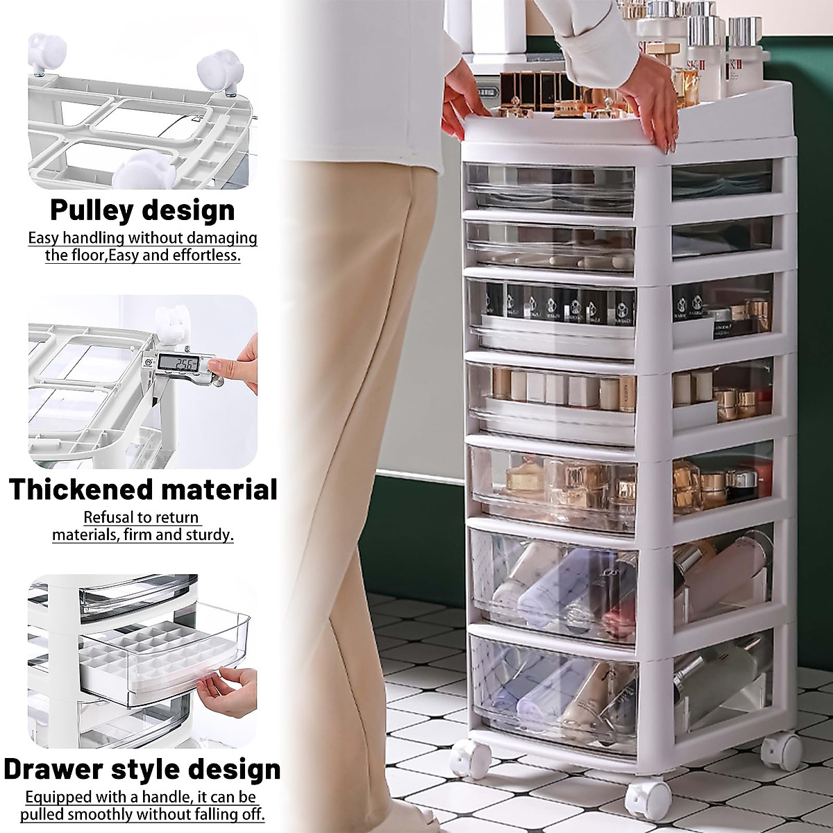 HamRoRung Makeup Storage Organizer with Drawers, Put 35 Lipstick, 18 Eyeshadow and 20 Brushes, Makeup Storage Cabinet, Floor Makeup Organizer with Wheels for Bedroom, Bathroom, Near the Vanity