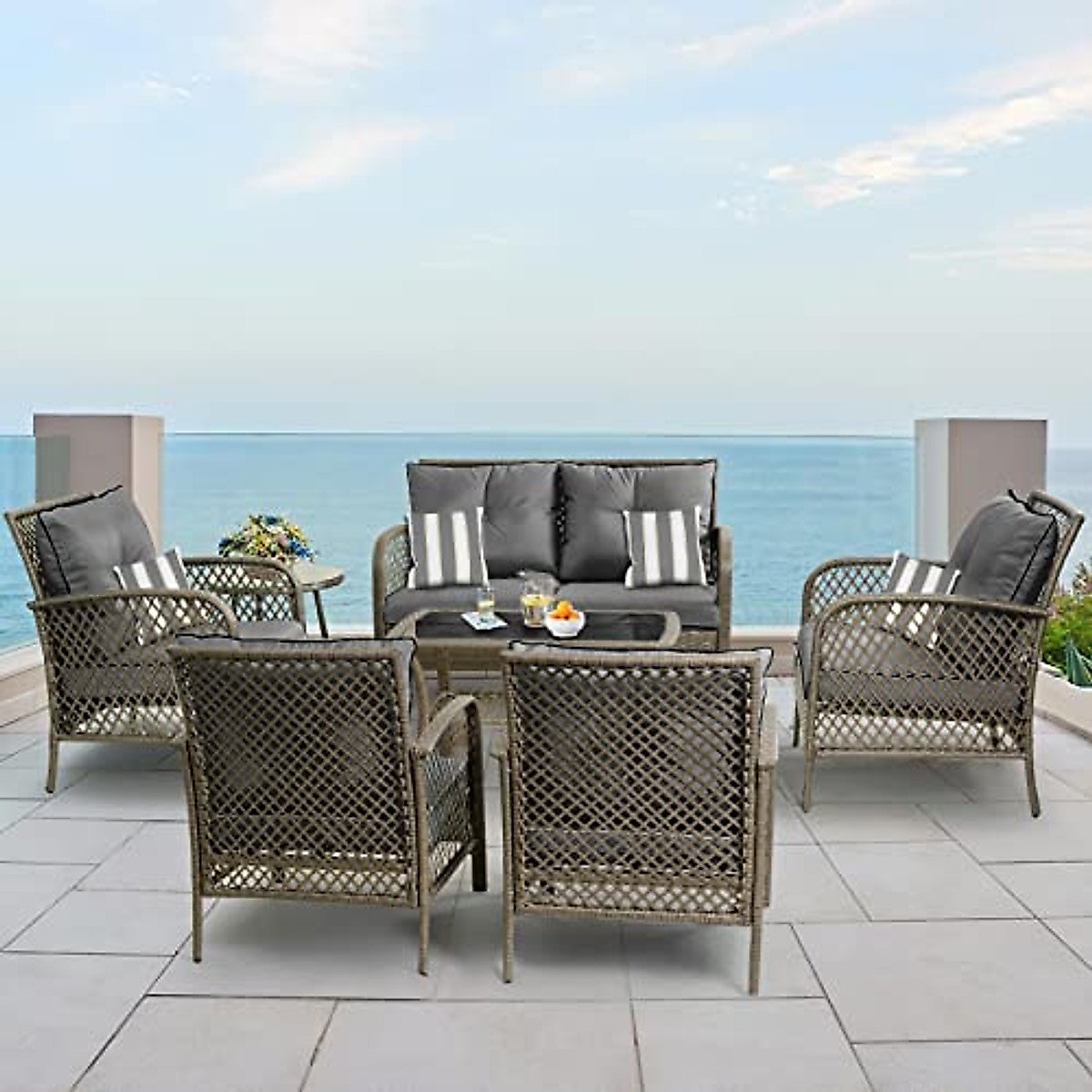 FYRICKYLINOO 7 Pieces Outdoor Wicker Patio Furniture Rattan Conversation Chairs Bistro Sets with 4 PCS Pillows, All Weather Modern Chairs Loveseat Sofa with 2 PCS Coffee Tables for Garden, Gray