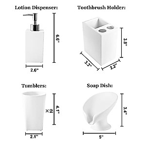 White Bathroom Accessories Set, 5Pcs Resin Bathroom Sets with Soap Dispenser Brush Holder Soap Dish and 2 Tumblers for Bathroom Restroom Apartment Home Decor