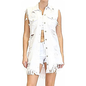 Songling Women's Distressed Ripped Sleeveless Mid Long Denim Jacket Jean Vest Cardigan Coats(White,XXL)