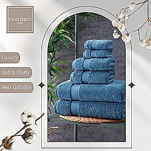 TEXTILOM 100% Turkish Cotton 6 Pcs Bath Towel Set, Luxury Bath Towels for Bathroom, Soft & Absorbent Bathroom Towels Set (2 Bath Towels, 2 Hand Towels, 2 Washcloths)- Mid Blue