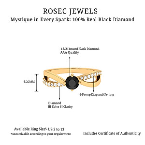 Rosec Jewels Certified Black and White Diamond Promise Ring, AAA Quality, Natural Diamond Pinky Ring for Women - Ready To Gift, 14K Yellow Gold, Size:US 7.00