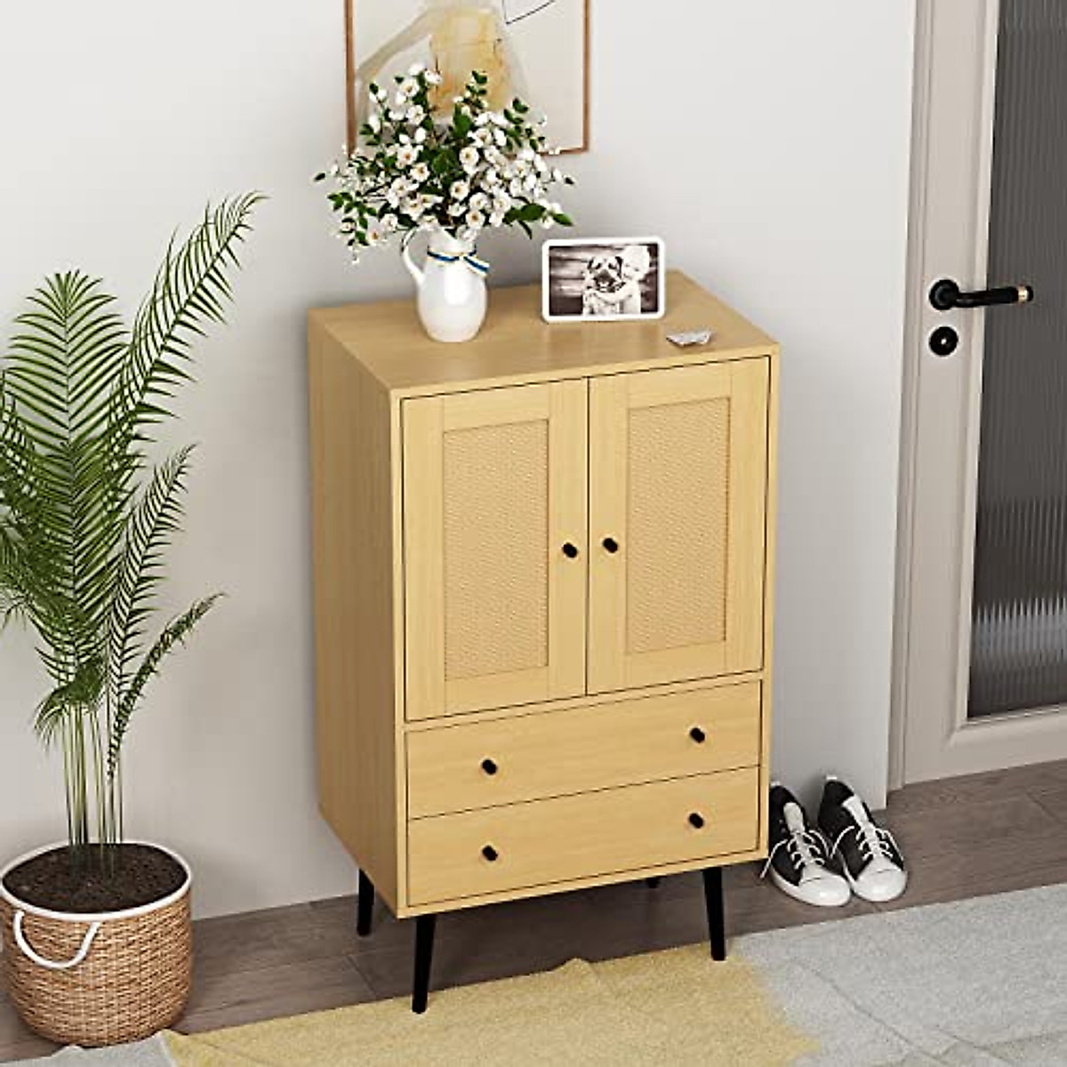 Hcman Sideboard Buffet Cabinet with Storage, Rattan Cabinet with Wooden Legs & 2 Drawers for Entryway, Living Room, Kitchen, Dining Room