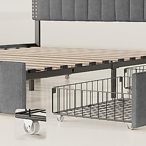 Gizoon Queen Bed Frames with 4 Storage Drawers on Wheels and Headboard Adjustable, Fits 6" to 12" Mattress, No Box Spring Needed (Light Grey)