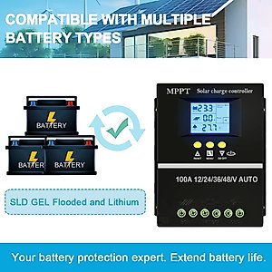 SOGTICPS 100A MPPT Solar Charge Controller 12V 24V 36V 48V LCD Display Battery Intelligent Regulator Max 100V Input Dual USB for Lead-Acid/Lithium…