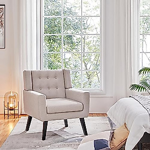 Yaheetech Accent Chair, Modern Button Tufted Armchair, Linen Fabric Sofa Chairs for Living Room Bedroom, Mid-Century Comfy Reading Chair, Beige