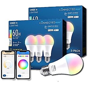 Cree Lighting Connected Max Smart Led Bulb A19 60W Tunable White + Color Changing, 2.4 Ghz, Compatible With Alexa And Google Home, No Hub Required, Bluetooth + Wifi, 6Pk