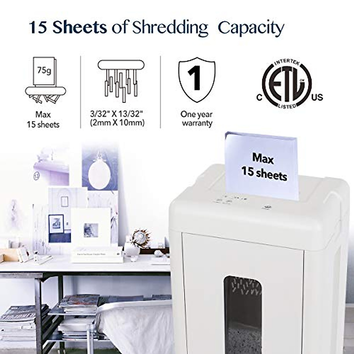 WOLVERINE 15-Sheet Super Micro Cut High Security Level P-5 Heavy Duty Paper/CD/Card Shredder for Home Office, Ultra Quiet by Manganese-Steel Cutter and 8 Gallons Pullout Waste Bin SD9520 (White ETL)