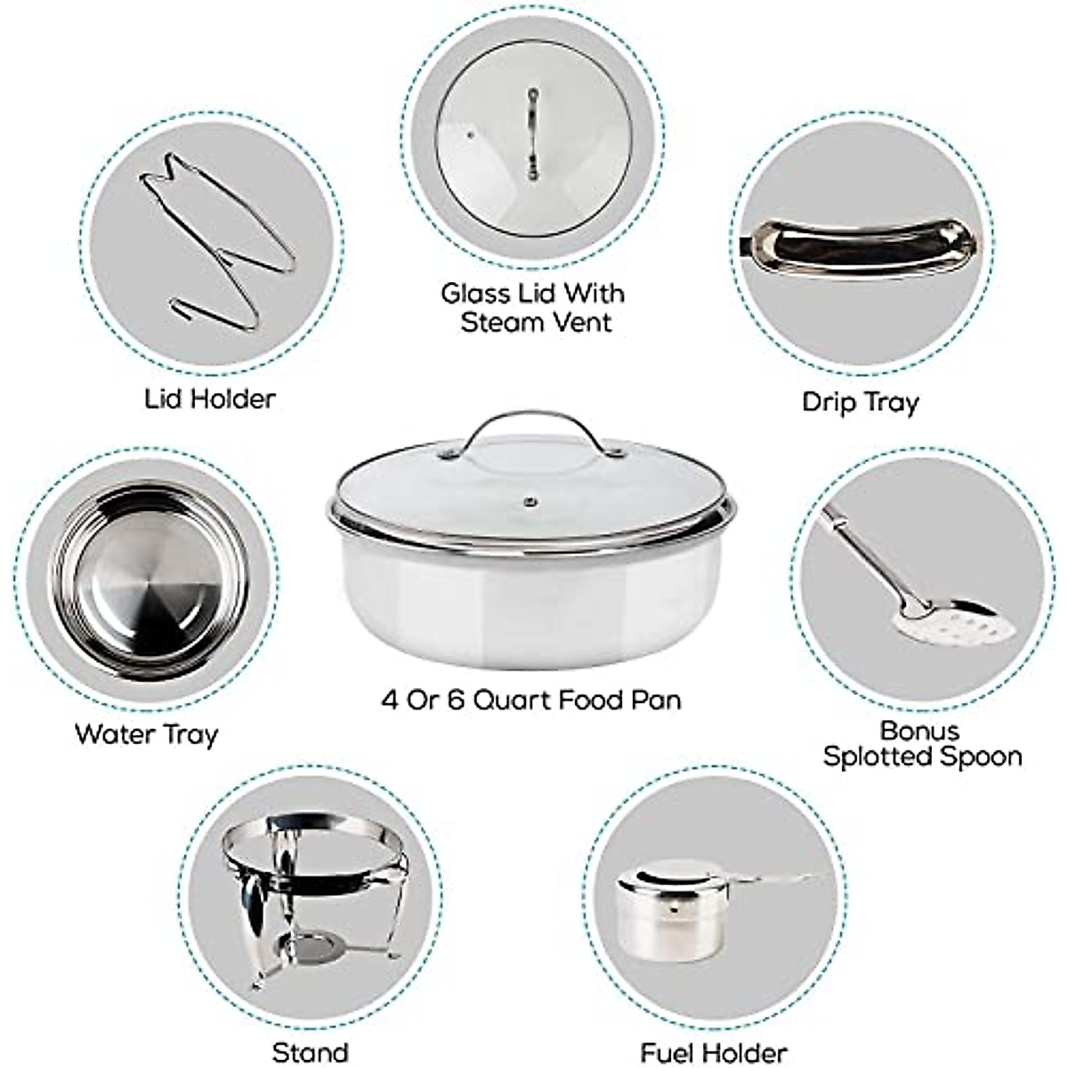 6 Quart Round Stainless Steel Chafing Dish with Bonus Slotted Spoon and Drip Tray for Lid | Keeps linens Dry | for Wedding, Graduation, Events, Parties | Sterno Holder…