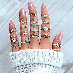 CSIYANJRY99 19Pcs Boho Retro Stackable Rings Sets for Women,Peak Sea Wave Compass Turquoise Knuckle Finger Rings