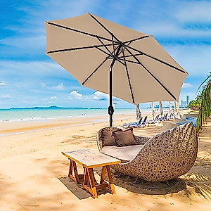 YSSOA 9' Solar 32 Lighted Patio Table Market Push Button Tilt/Crank Outdoor Umbrella for Garden, Deck, Backyard and Pool, 9ft-LED, Tan—LED