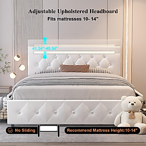Benevika Full Size Bed Frame with 4 Drawers and LED Light, Charge Station, PU Leather Upholstered Platform Storage Bed with Adjustable Headboard, Wooden Slats Support, No Box Spring Needed, White