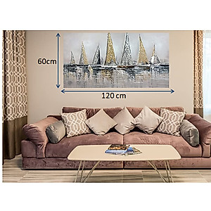 [SPRING BIG SALES] PAVILIART Golden & Silver Sailboats at the shore, Size 24" x 48", Hand Painted Abstract Seascape, Palette Knife Oil Painting on Canvas, Wall Art Decoration, Wood inside framed , Easy Hanging in Living Room